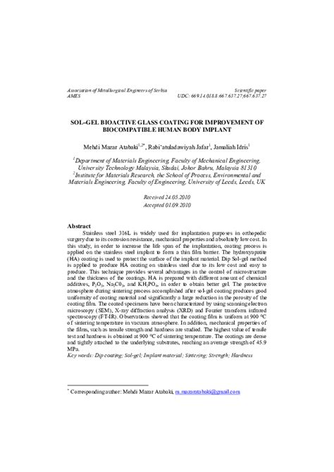 Pdf Sol Gel Bioactive Coating For Improvement Of Biocompatible Human