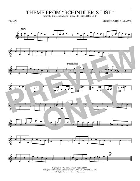 Theme From Schindlers List By John Williams Sheet Music For Violin