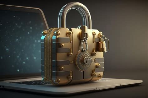 Premium Photo Laptop Security Concept Generative AI Golden Lock On Laptop