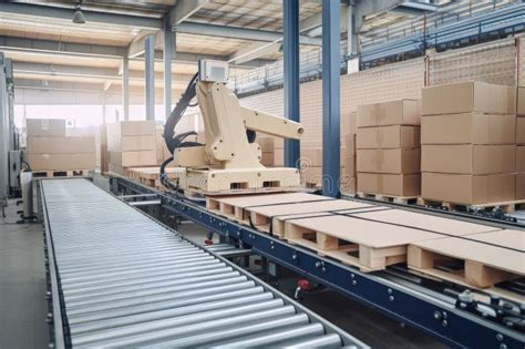 Material Handling And Palletizing Robot Transporting Load Of Boxes On