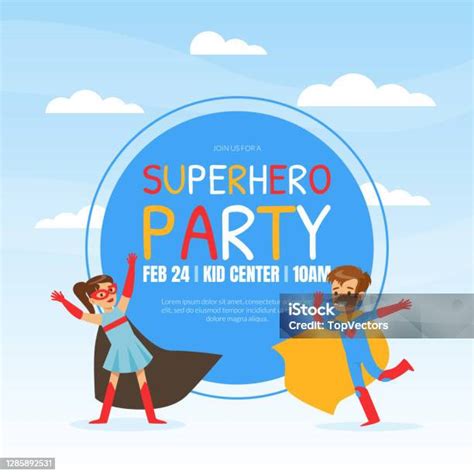 슈퍼 히어로 파티 초대 템플릿 생일 축하 배너 어린이 파티 전단지 디자인 만화 벡터 일러스트 0명에 대한 스톡 벡터 아트 및
