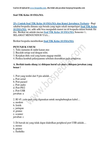25 Contoh Soal Tik Kelas 10 Sma Ma Dan Kunci Jawabnya Pdf