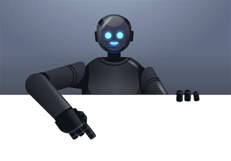 Schwarzer Roboter Cyborg der auf leere leere weiße Tafel zeigt moderne Robotercharakter