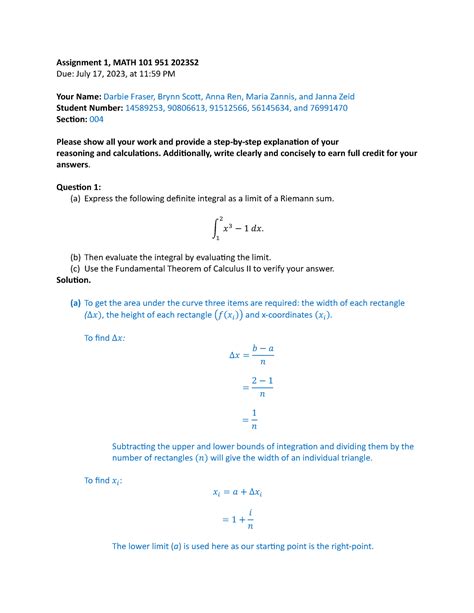 Assignment 1 Math 101 Assignment 1 Math 101 951 2023s Due July 17