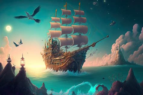 Illustration Of A Fantastical Scene With A Flying Ship Stock