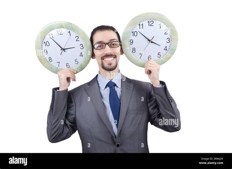 Man With Clock Isolated On White Stock Photo Alamy