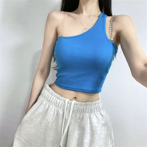 드미엘 [흠뻑쇼 페스티벌룩 워터밤 ] 언발 체인 골지 크롭 나시 탑 4color 원숄더 컷아웃 슬림 워터밤룩