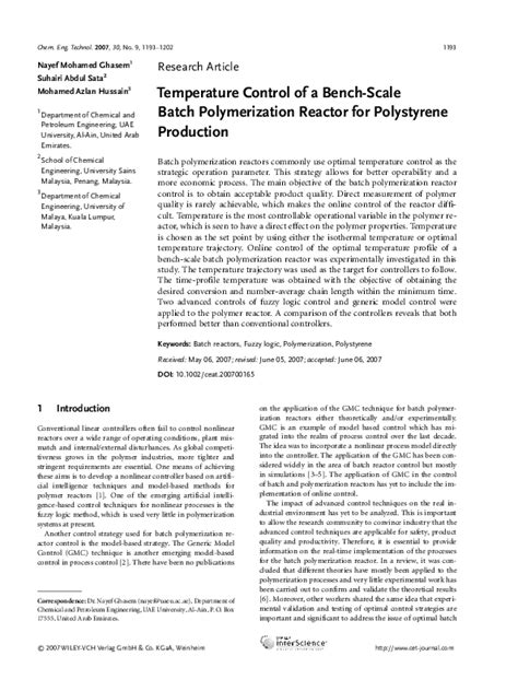 Pdf Temperature Control Of A Bench Scale Batch Polymerization Reactor
