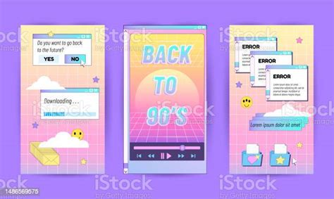 90년대 복고풍 컴퓨터 인터페이스 인스타그램 스토리 템플릿 그루비 스타일 밝은 색상에 대한 스톡 벡터 아트 및 기타 이미지