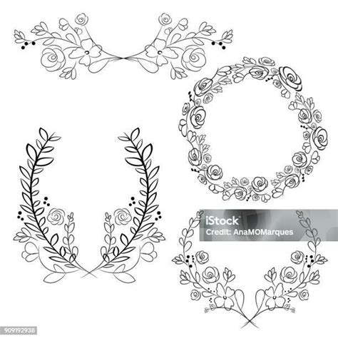 벡터 화 환 그리고 월계관 화 환입니다 라운드 꽃 벡터 프레임입니다 손으로 그린 디자인 요소 집합입니다 0명에 대한 스톡 벡터 아트 및 기타 이미지 Istock