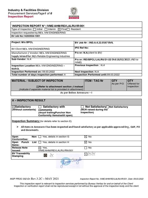 Inspection Report Release Note And Supporting Nabl Lab Tc For Hpcl