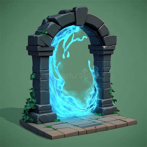 Ancient Stone Portal With Glowing Blue Energy And Green Vines Stock