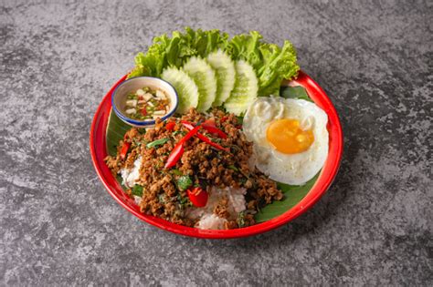 볶음 돼지고기 바질 계란 후라이를 얹은 밥 볶음 교반 바질 거리에 대한 스톡 사진 및 기타 이미지 거리 건강한 생활방식 고급 요리 Istock