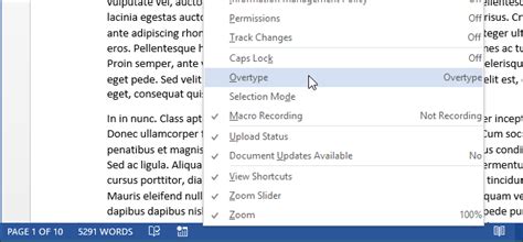 how to control insert overtype mode in word 2013