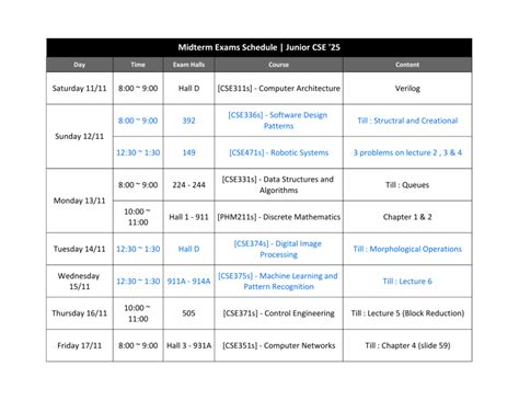 Junior CSE 25 Midterm Exam Schedule