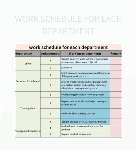 Free Work Schedule Of Each Department Templates For Google Sheets And Microsoft Excel Slidesdocs