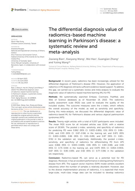 Pdf The Differential Diagnosis Value Of Radiomics Based Machine Learning In Parkinsons