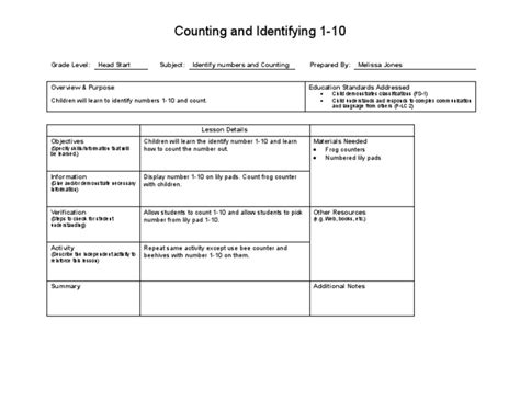 Lesson Plan Identifying Numbers 1 10 And Counting Pdf