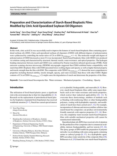 Preparation And Characterization Of Starch Based Bioplastic Films Modified By Citric Acid