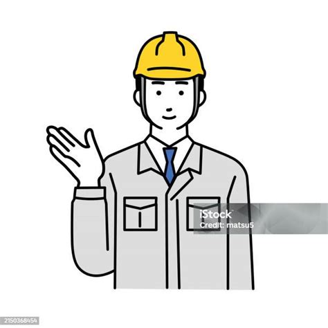 헬멧과 작업복을 착용한 남성 작업자의 간단한 일러스트 가리키기에 대한 스톡 벡터 아트 및 기타 이미지 가리키기 건설 현장 건축 Istock