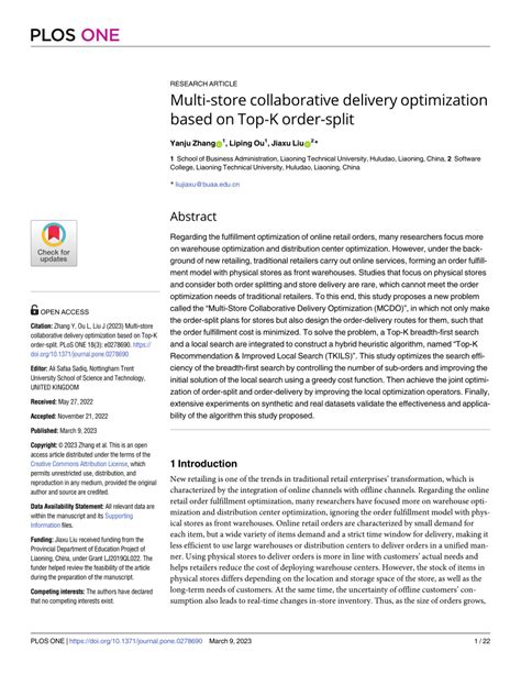 Pdf Multi Store Collaborative Delivery Optimization Based On Top K Order Split