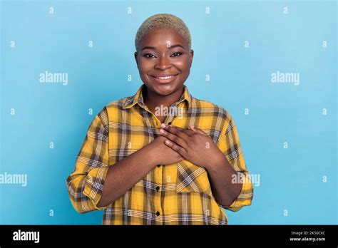 Photo Of Pretty Adorable Lady Wear Checkered Shirt Smiling Arms Chest