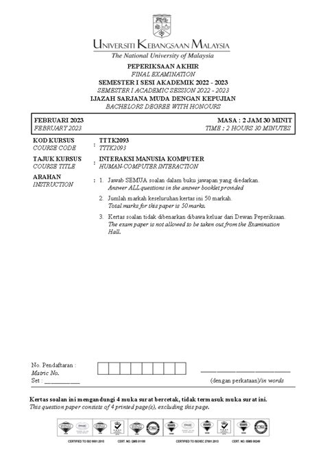 Sem 1 2022 2023 Exam Paper PEPERIKSAAN AKHIR FINAL EXAMINATION SEMESTER I SESI AKADEMIK