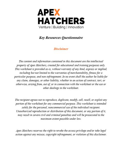 Key Resources Questionnaire Disclaimer Pdf Copyright Infringement Business