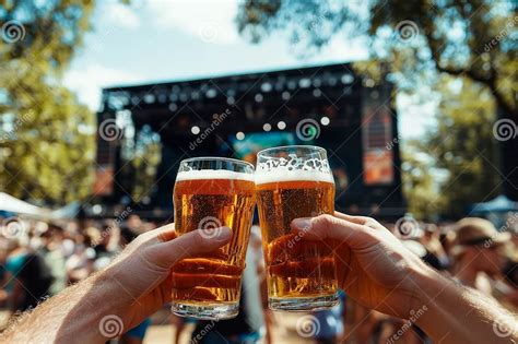 Cheers At Outdoor Music Festival Two Pints Of Beer Raised In