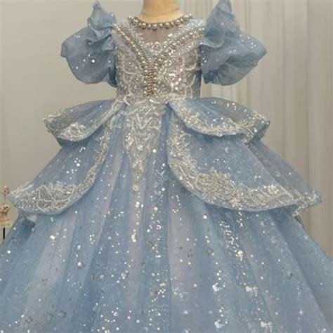 Temu｜girls Luxury Elegant Blue Princess Gown Heavy Embroidery Flower