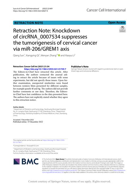 Pdf Retraction Note Knockdown Of Circrna0007534 Suppresses The Tumorigenesis Of Cervical