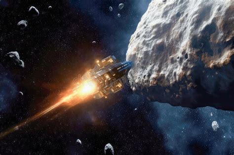 Spacecraft Approaches Resource Rich Asteroid For Mining Operation Stock Illustration