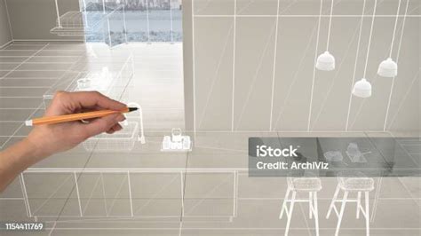 흰색 세라믹 대리석 타일 바닥 손으로 그리기 사용자 정의 아키텍처 디자인 흰색 잉크 스케치 현대 미니 멀 한 부엌 개념 모의업 아이디어를 보여주는 청사진 빈 흰색 인테리어