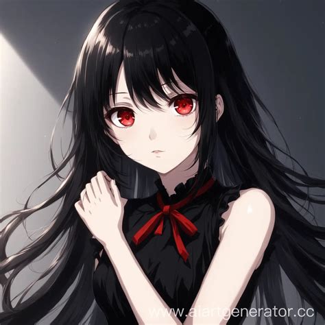 Elegant Anime Girl With Black Hair In Stylish Black Dress And Red Eyes Ai Art Generator