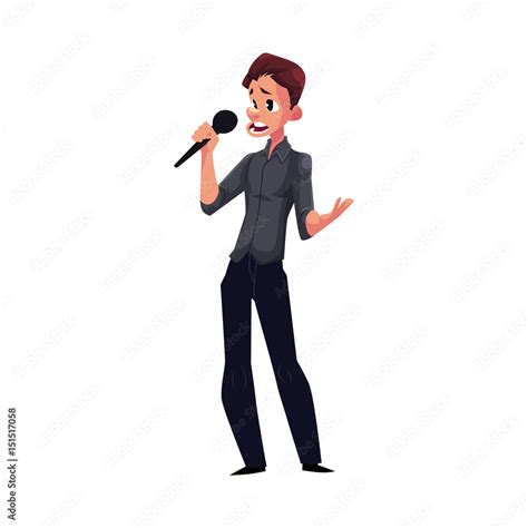 Young Man Singing Karaoke Holding Microphone Cartoon Comic Style