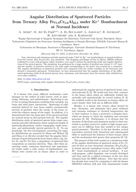 Pdf Angular Distribution Of Sputtered Particles From Ternary Alloy Fe