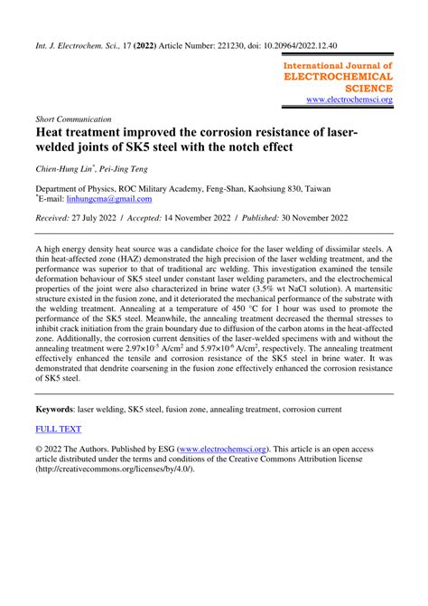 Pdf Heat Treatment Improved The Corrosion Resistance Of Laser Welded Joints Of Sk5 Steel With