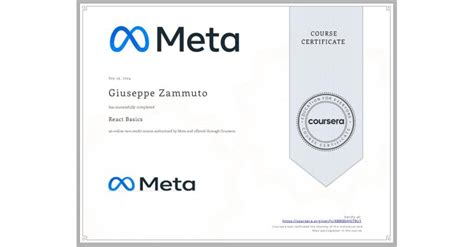 Completion Certificate For React Basics Giuseppe Zammuto