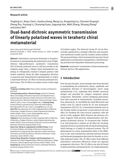 Pdf Dual Band Dichroic Asymmetric Transmission Of Linearly Polarized Waves In Terahertz Chiral
