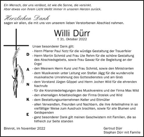 Traueranzeigen Von Willi Dürr Schwaebischede Trauerportal