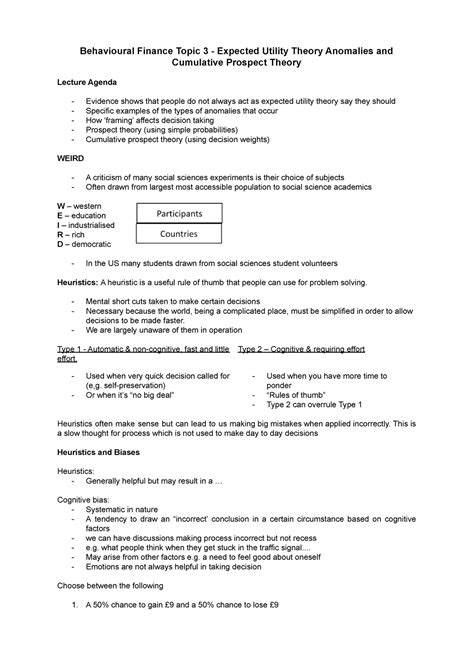 Topic 3 Expected Utility Anomalies And Cpt Behavioural Finance