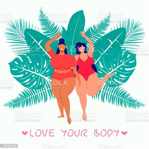 행복한 여자 아름다운 뚱뚱한 매력적인 여자는 수영복에 춤을 아름다움의 다양성 신체 양성 페미니즘 당신의 몸을 사랑해요 엽서 배너