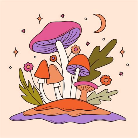 Coloridas Y Maravillosas Setas Y Flores Ilustradas Al Estilo De Los
