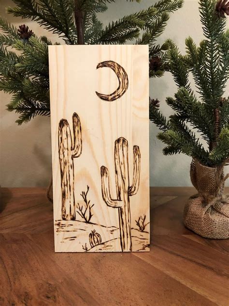 Unfinished Wood Burning Sheet With Cactus And Moon Design Cactus