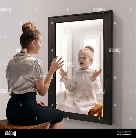 Creative Conceptual Collage Excited Young Girl Looking In Mirror And