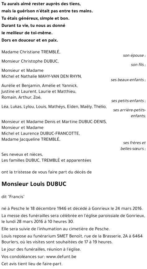 Avis De Décès De Louis Dubuc Décédé Le 24 03 2016 à Gonrieux Annonce Condoléances Fleurs