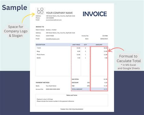 Editable Invoice Template Auto Calculation PDF MS Word MS Excel Google Docs Google Sheets A