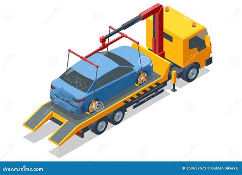 Isometric Vector Illustration Showing A Tow Truck Loading A Car Using