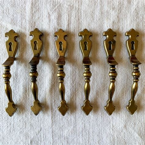 Vintage Amerock Brass Plate Cabinet Handles With False Keyhole For 3