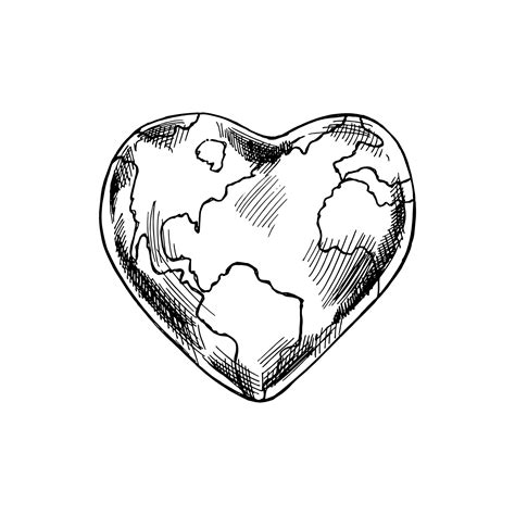 dibujado a mano planeta tierra bosquejo en corazón forma naturaleza y
